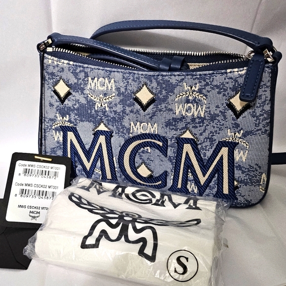 MCM | Bags | Mcm Blue Vintage Monogram Jacquard Aren Mini Shoulder Bag ...